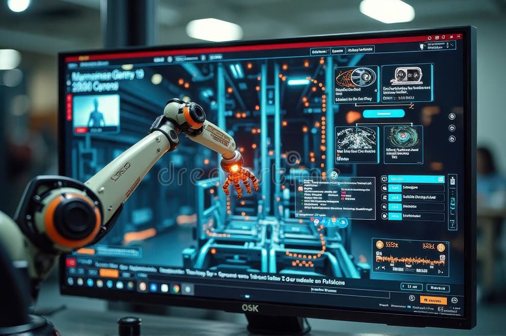 Robotic Arm Programming On Computer Screen In High Tech Laboratory