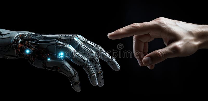 A Robotic Arm Reaching for an Open Palm on a Dark Background. Generated ...