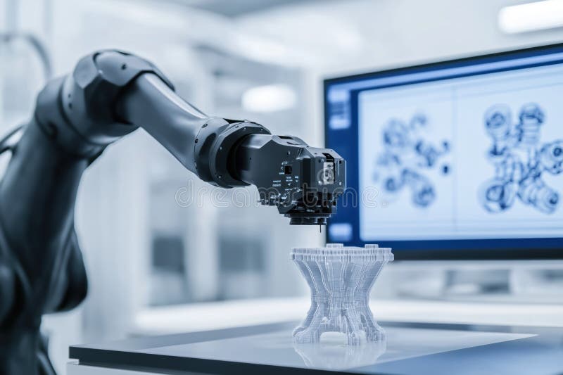 Robotic Arm Scans 3D Printed Mechanical Part in Factory. High Tech ...