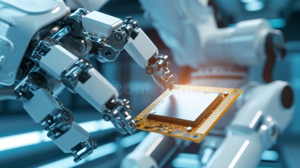 Robotic Arm is Seen Installing a Processor Onto a Motherboard. AI ...
