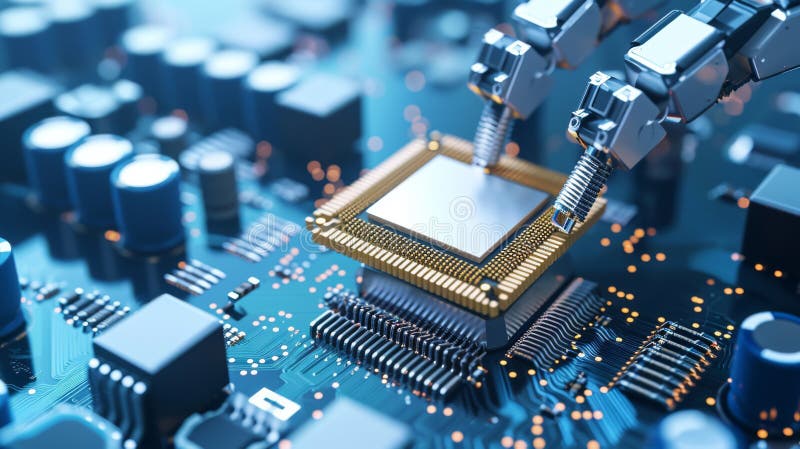 Robotic Arm is Seen Installing a Processor Onto a Motherboard. AI ...