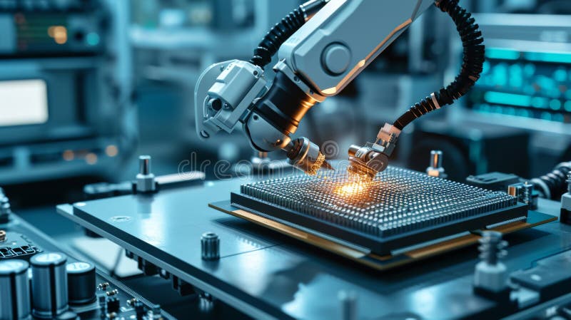Robotic Arm is Seen Installing a Processor Onto a Motherboard. AI ...