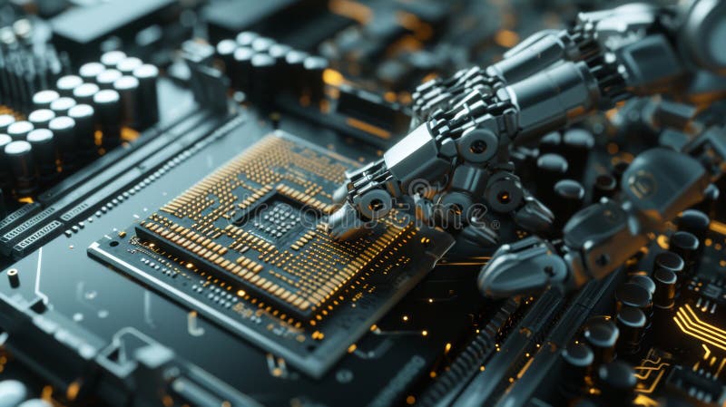 Robotic Arm is Seen Installing a Processor Onto a Motherboard. AI ...