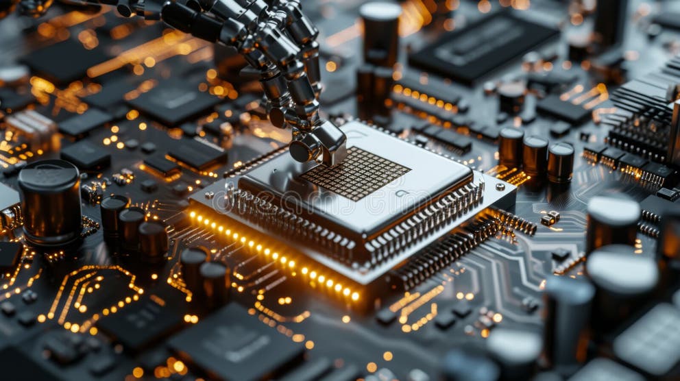 Robotic Arm is Seen Installing a Processor Onto a Motherboard. AI ...