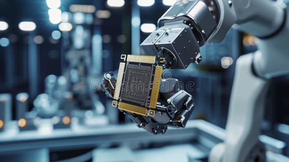 Robotic Arm is Seen Installing a Processor Onto a Motherboard. AI ...