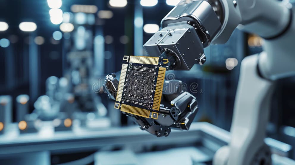 Robotic Arm is Seen Installing a Processor Onto a Motherboard. AI ...