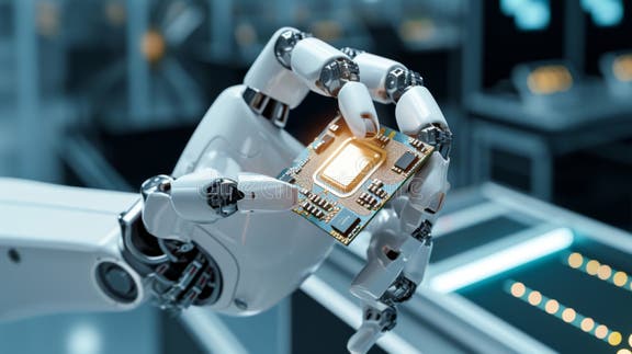 Robotic Arm is Seen Installing a Processor Onto a Motherboard. AI ...