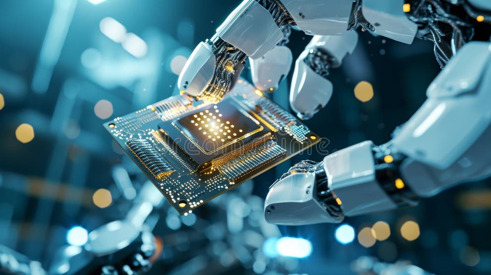 Robotic Arm is Seen Installing a Processor Onto a Motherboard. AI ...