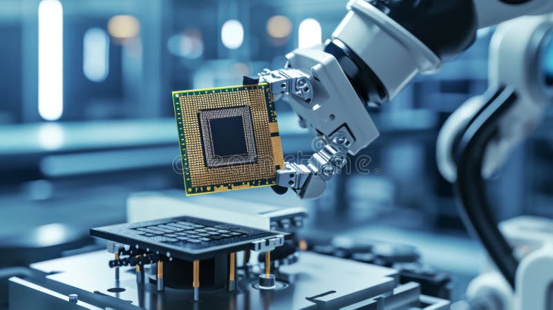 Robotic Arm is Seen Installing a Processor Onto a Motherboard. AI ...