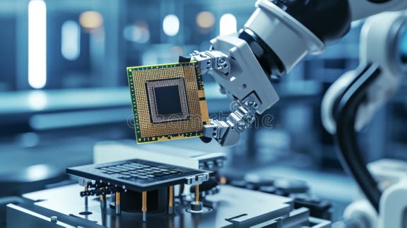 Robotic Arm is Seen Installing a Processor Onto a Motherboard. AI ...