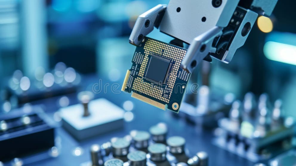 Robotic Arm is Seen Installing a Processor Onto a Motherboard. AI ...