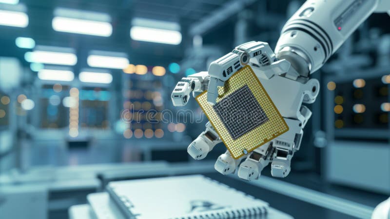 Robotic Arm is Seen Installing a Processor Onto a Motherboard. AI ...
