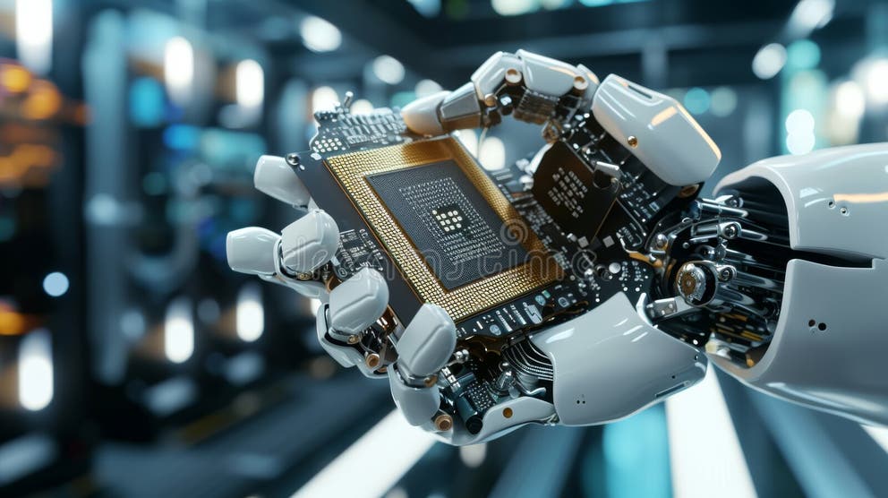 Robotic Arm is Seen Installing a Processor Onto a Motherboard. AI ...
