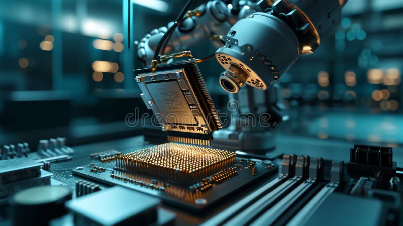 Robotic Arm is Seen Installing a Processor Onto a Motherboard. AI ...