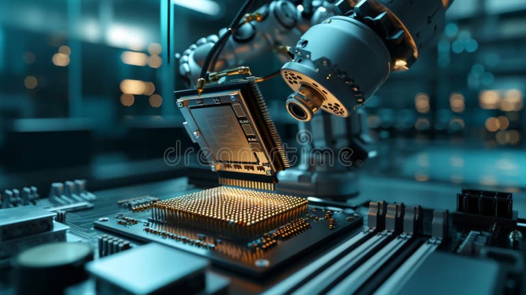 Robotic Arm is Seen Installing a Processor Onto a Motherboard. AI ...