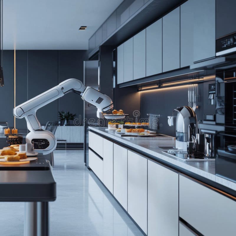 Robotic Arm Serving Food in a Modern Kitchen Stock Illustration ...