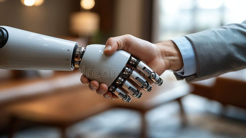 Robotic Arm Shaking Hands with Human in Modern Office Stock ...