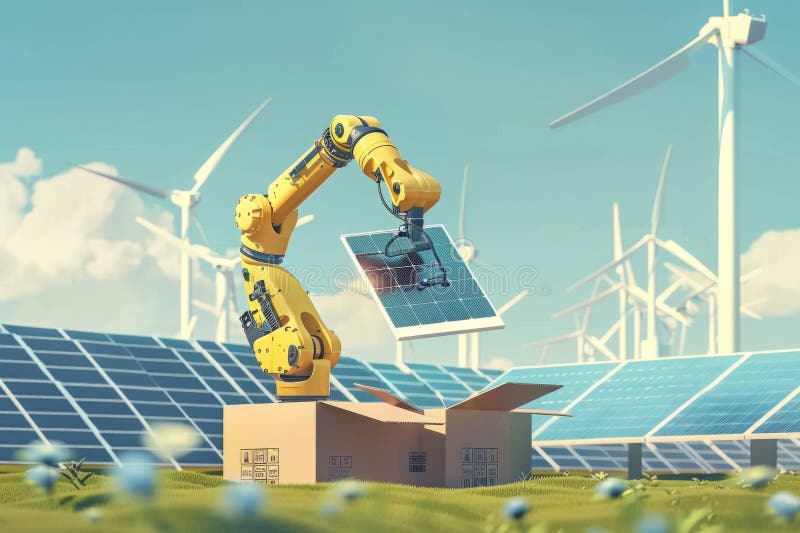 Robotic Arm is Shown Installing a Solar Panel, Set Against a Backdrop ...
