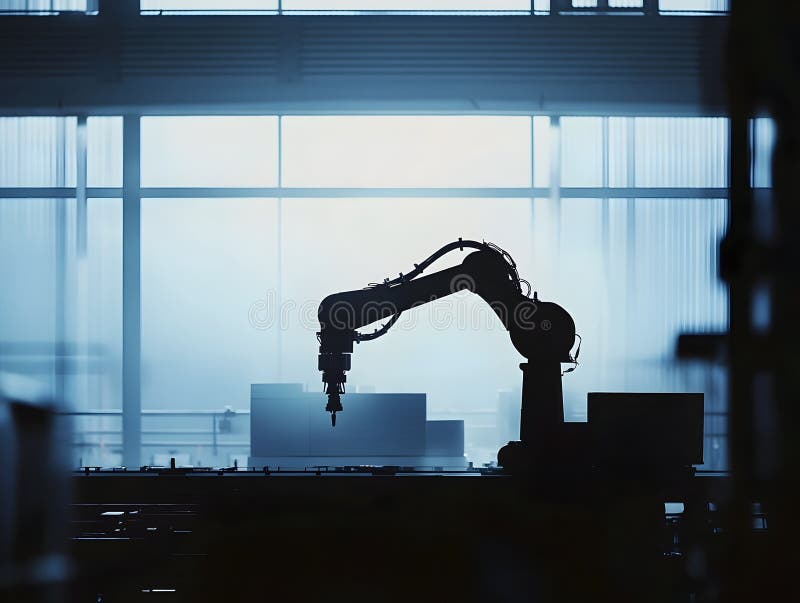 Robotic Arm Silhouette Working in a High Tech Industrial Factory Stock ...