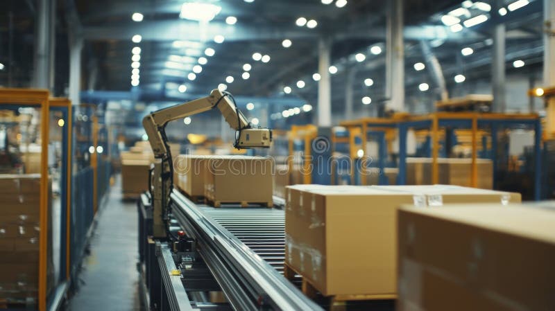 Robotic Arm Sorting Boxes on Conveyor in Warehouse Stock Illustration ...