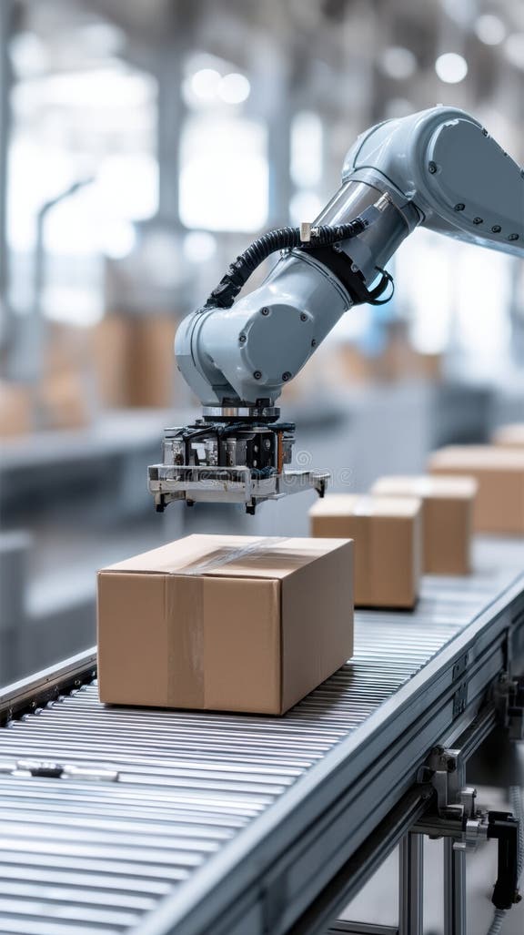 Robotic Arm Sorting Packages on Automated Conveyor Belt in Warehouse ...