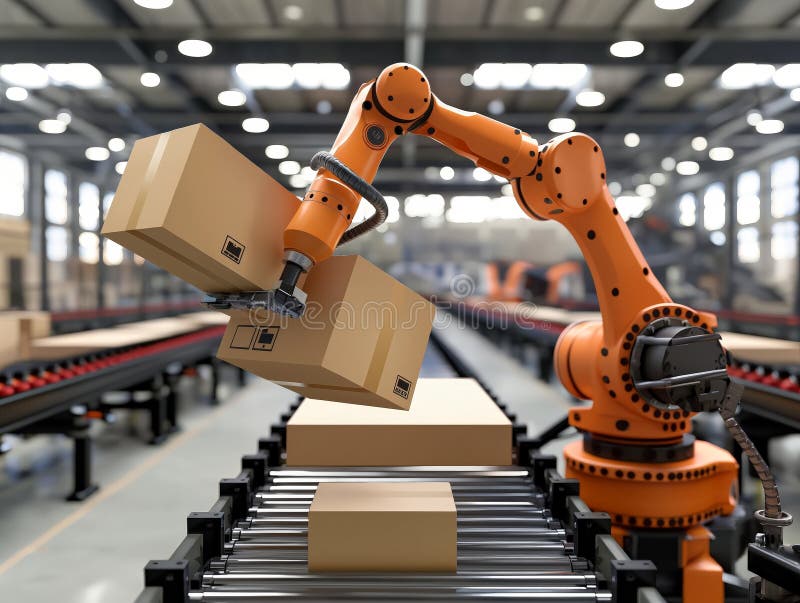 Robotic Arm Sorting Packages in Modern Warehouse Stock Photo - Image of ...