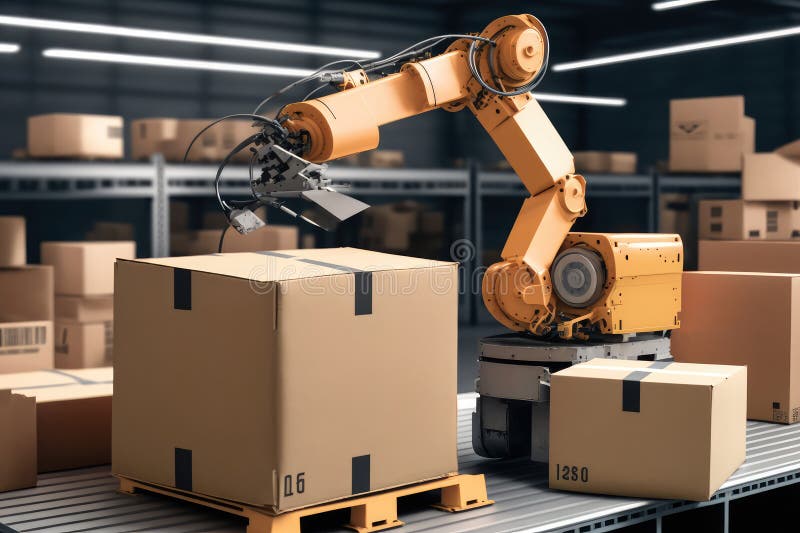 Robotic Arm Sorting Packages in Warehouse Stock Illustration ...