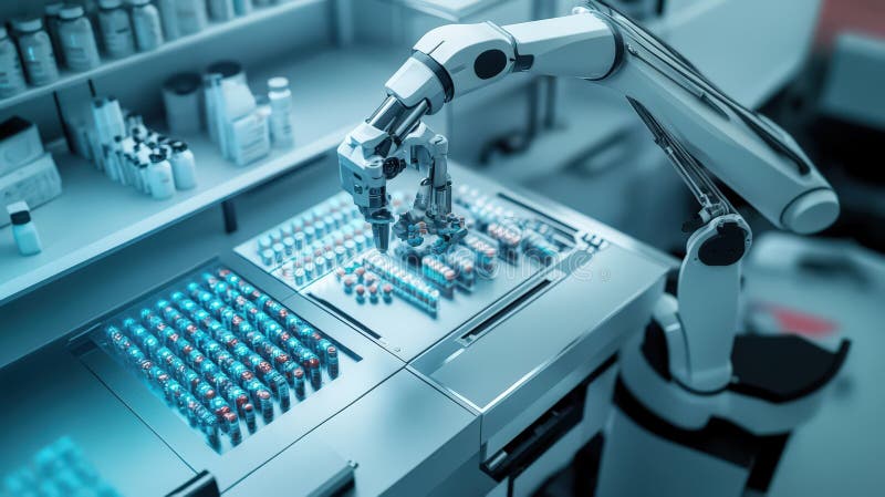 Robotic Arm Sorting Pharmaceutical Capsules in a Modern Pharmacy Stock ...