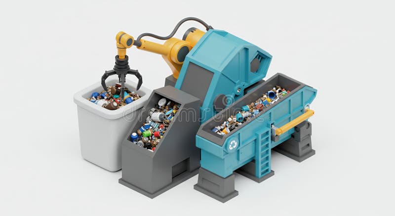 Robotic Arm Sorting Plastic Trash into Containers on White Background ...