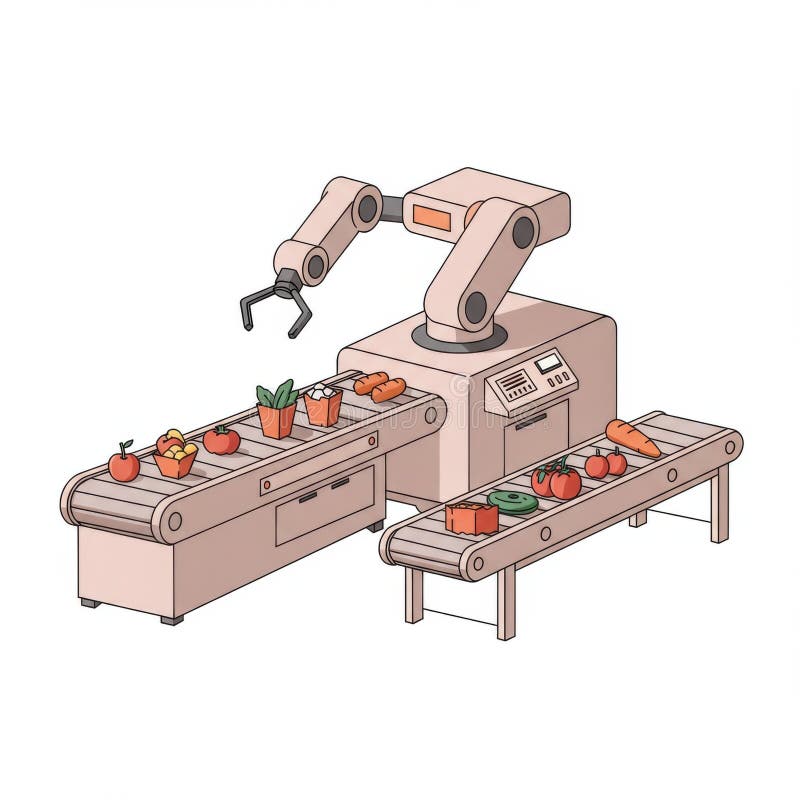Robotic Arm Sorting Produce on Conveyor Belt Stock Illustration ...