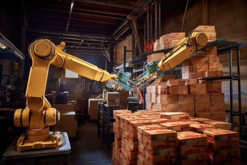 Robotic Arm Stacking Food Packages in Boxes Stock Illustration ...