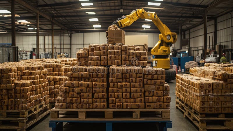 Robotic Arm Stacking Packages in Warehouse with Cardboard Boxes on ...