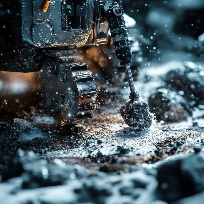 Robotic Arm with Treaded Wheels on Rocky Terrain in Low Light Stock ...