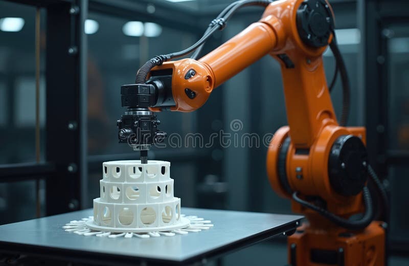 Robotic Arm Uses 3D Printer for Creating Complex Part. Orange Robot Works with Three Dimensional ...