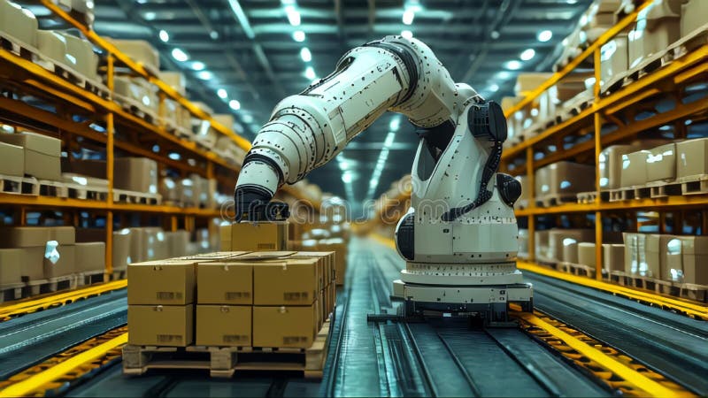 A Robotic Arm in a Warehouse Efficiently Sorting Cardboard Packages on ...