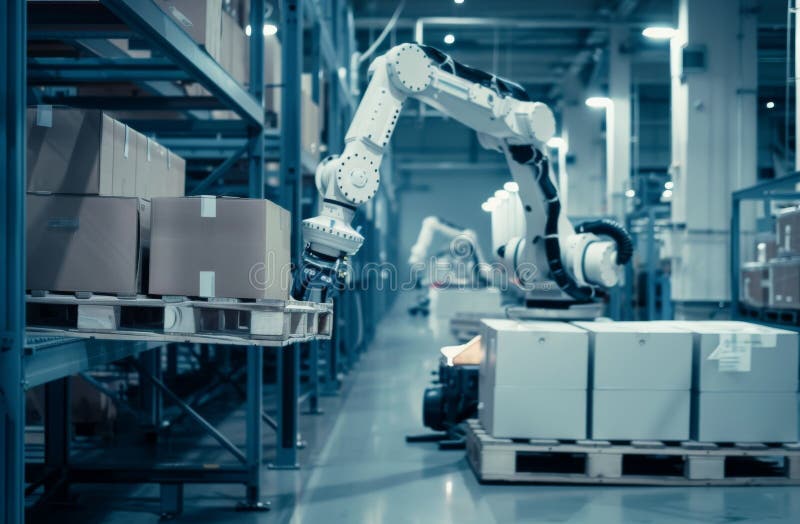 Robotic Arm in Warehouse Moving Boxes on Pallets for Automation and ... Robotic Arm in Warehouse Moving Boxes on Pallets for Automation and ...