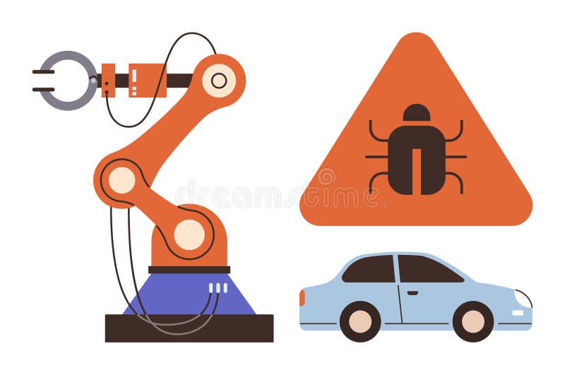 Robotic Arm beside Warning Sign with Bug Symbol and Car Representing ...