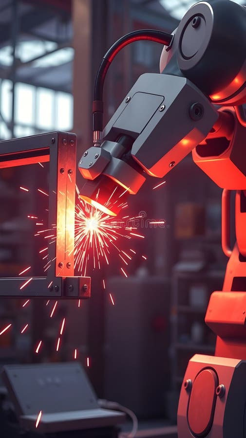 A Robotic Arm Welding a Metal Frame in a Factory Stock Illustration ...