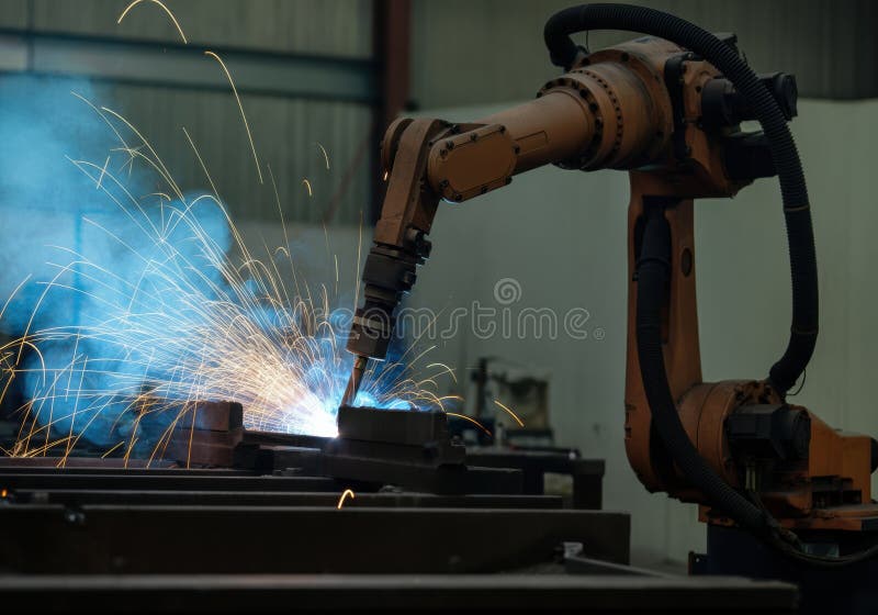Robotic Arm Welding Metal with Sparks Flying in an Industrial Setting ...