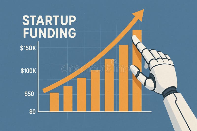 Robotic Arm Pointing at Orange Startup Funding Graph Stock Illustration ...