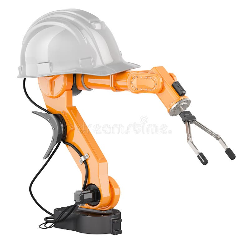 Robotic Arm with White Hard Hat, 3D Rendering Stock Illustration ...