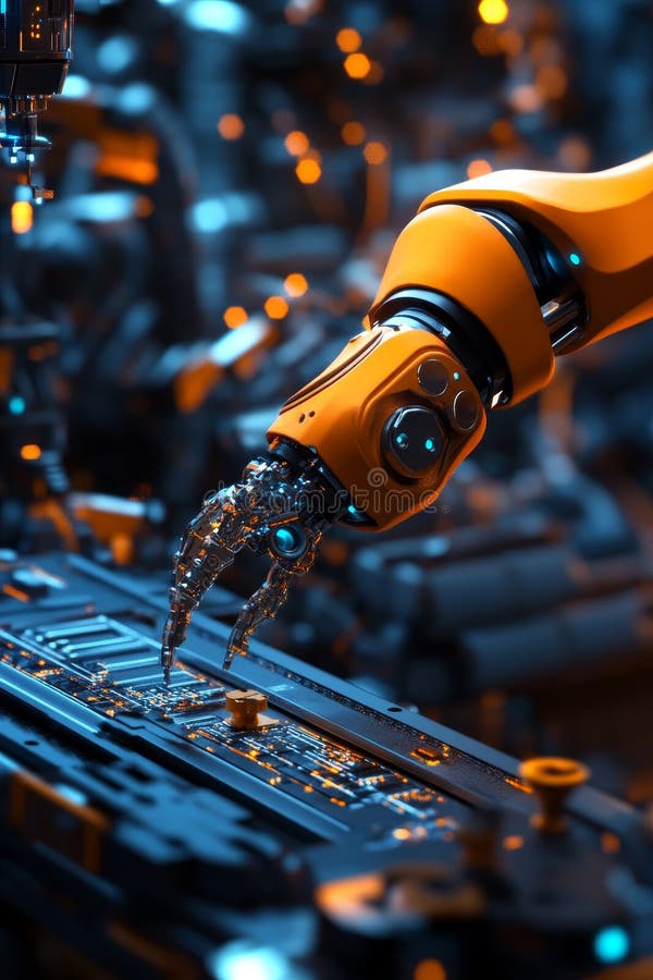 Robotic Arm Working on Advanced Circuit Board in Futuristic Setting ...