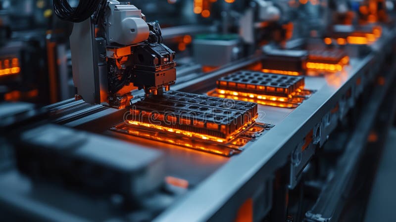 Robotic Arm Working on Automated Assembly Line with Glowing Orange ...