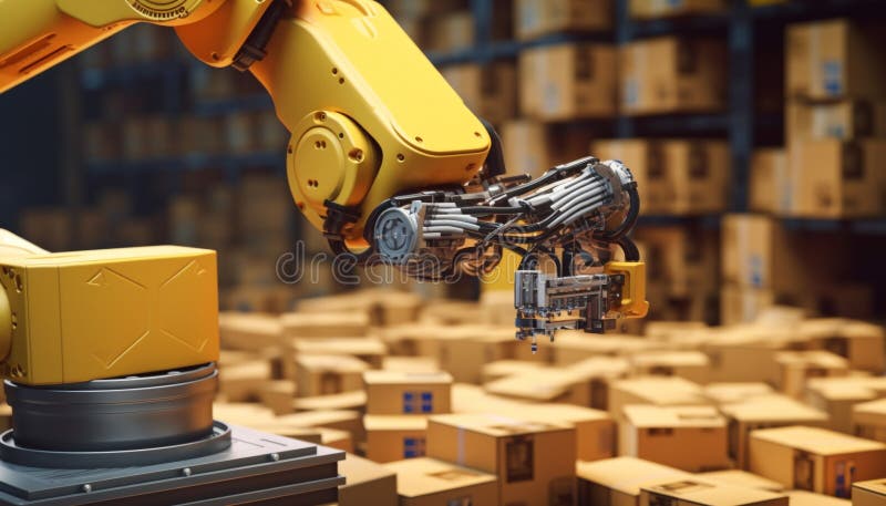 Robotic Arm Working in Automated Factory Packaging Metal Crates ...
