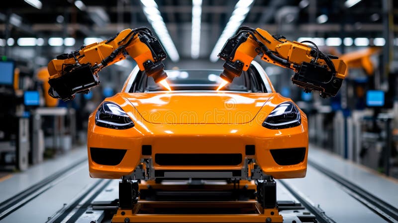 A Robotic Arm Working on a Car in a Factory Stock Image - Image of ...