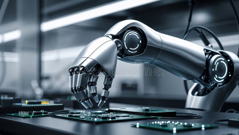 Robotic Arm Working on Circuit Board Manufacturing Stock Image - Image ...