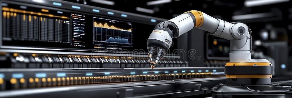 Robotic Arm Working on Circuit Board in Technology Lab Stock ...