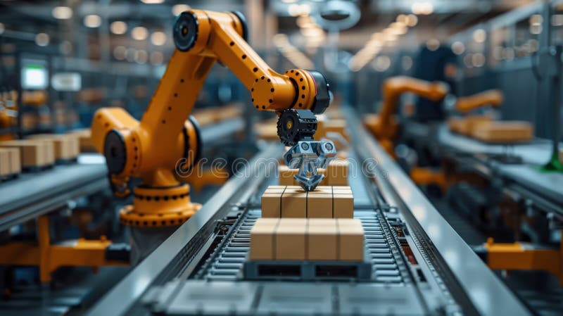 A Robotic Arm is Working on a Conveyor Belt. Automatic Warehouse with ...