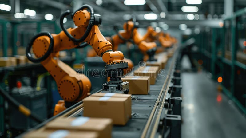 A Robotic Arm is Working on a Conveyor Belt. Automatic Warehouse with ...
