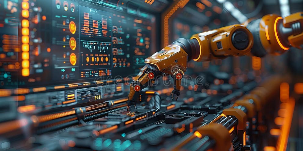 Robotic Arm Working in a High-tech Industrial Environment with Glowing ...